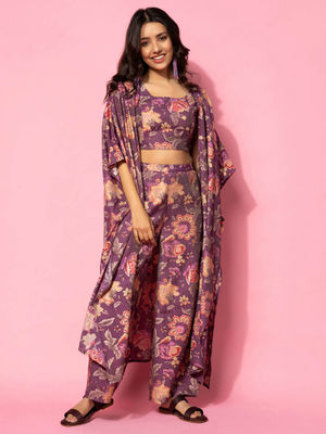 Buy Libas Womens Purple Floral Printed Co-Ord (Set of 3) (XS) Online