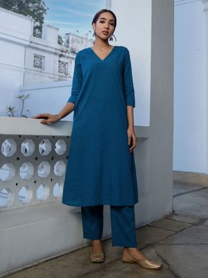 Buy Janasya Womens Teal Dobby Cotton Self Design A-Line Co-ord (Set of ...