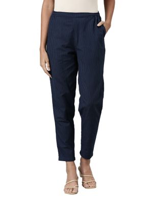 Buy Go Colors Women Striped Navy Linen Pants online
