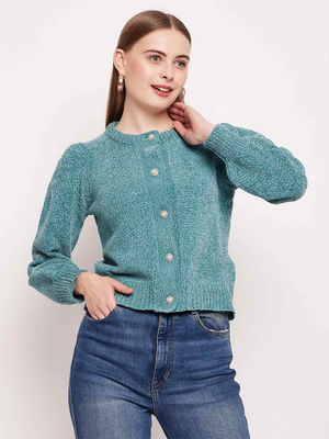 Buy CAMLA Barcelona Solid Full Sleeves Round Neck Teal Cardigan Online