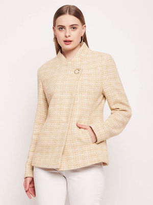 Buy CAMLA Barcelona Checks Full Sleeves V-Neck Beige Coat online