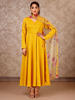 Buy SANSKAR Yellow Angrakha with Palazzo and Printed Dupatta (Set of 3 ...