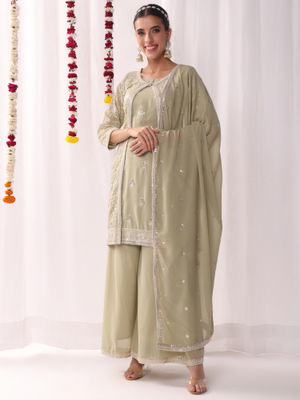 Buy Chhabra 555 Resham Sequinned Kurta Jacket with Palazzo and Dupatta ...
