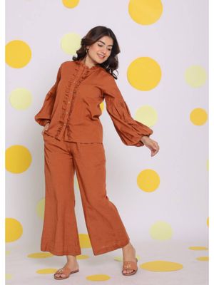 Buy Kaori By Shreya Brown Shirt Pant Linen (Set of 2) (XS) Online