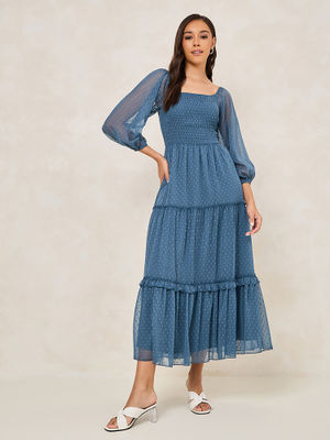 Buy Styli Women Navy Blue Dobby Square Neck Tiered Maxi Dress Online