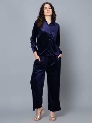 Buy ANVI Be Yourself Shirt with Trouser Velvet Co-Ord Navy Blue (Set of ...