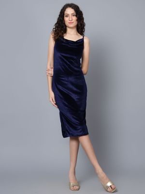 Buy ANVI Be Yourself Cowl Neck Velvet Bodycon Dress Navy Blue Online