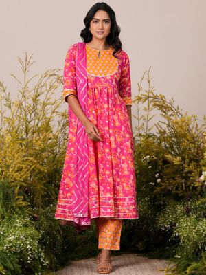 Buy Libas Pink Floral Printed Anarkali and Pant with Dupatta (Set of 3 ...