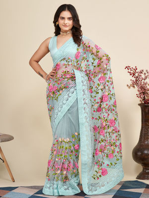 Buy VAIRAGEE Soft Net Turquoise Saree Flower Embroidery Banglory with ...