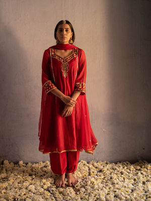 Buy Apeksha Jain Label Red Kurta with Salwar and Dupatta (Set of 3) (XS ...