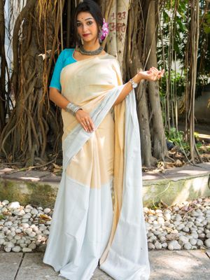 Buy Uttariya Gold Colorblock Tassels Saree with Unstitched Online