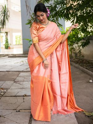Buy Uttariya Peach Colorblock Tassels Saree with Unstitched Online