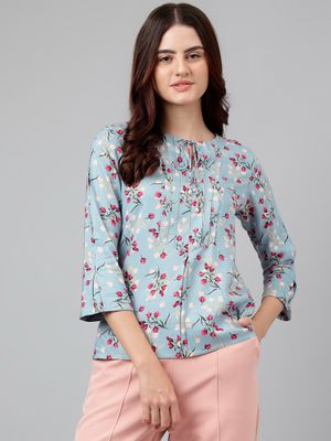 Buy Latin Quarters Women's Blue Printed Viscose Top Online