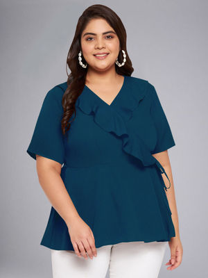 Buy Turquoise Blue Plus Size Ruffle Wrap Peplum Curve Top Online