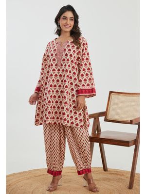Buy GANGA GRACE Maroon Motif Printed Cotton Co-Ord Set (S) Online