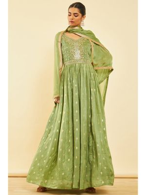 Buy Soch Womens Green Organza Gown & Churidar with Dupatta Mirror Work ...