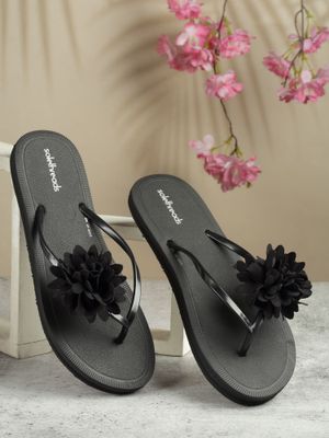 Buy SOLETHREADS Floret Black Solid Women Flip Flop Online
