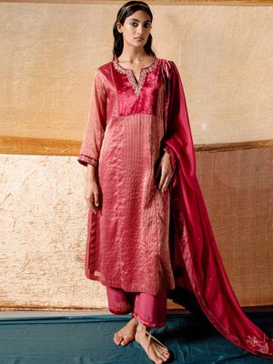 Buy Ganga Fashions Festival Pink Woven Silk Kurta with Palazzo and ...