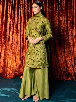 Buy Ganga Fashions Green Olive Full Embroidered Raw Silk Kurta with ...