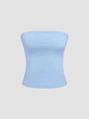 Buy Cider Blue Contour Double Layered Strapless Solid Tube Crop Top (S ...