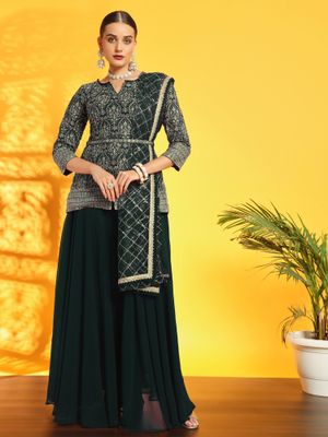 Buy Chhabra 555 Teal Blue Embroidery Belted Kurta with Flared Palazzo ...