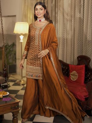 Buy Libas Rust Embroidered Kurta with Palazzo and Dupatta (Set of 3) (S ...