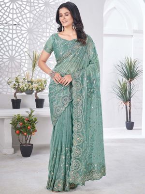 Buy Akhilam Womens Net Teal Embellished Saree with Unstitched Blouse Online