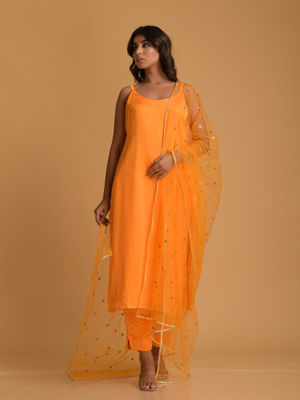 Buy DIMPLE DESIGN STUDIO Yellow Satin Suit (Set of 3) Online