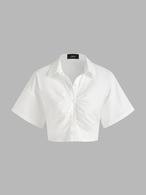 Buy Cider Solid Basic Button Up Crop Blouse Online