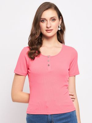 Buy Madame Pink Solid Henley Neck Tops Online