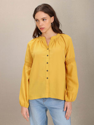 Buy U.S. POLO ASSN. Women Yellow Full Button Closure Solid Top Online