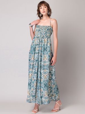 Buy FabAlley Blue Printed Halter Neck Maxi Dress online