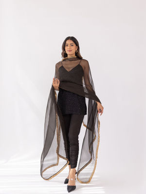 Buy SHAAKHA Black Sequined Sleeveless Shoulder Straps Kurta With ...