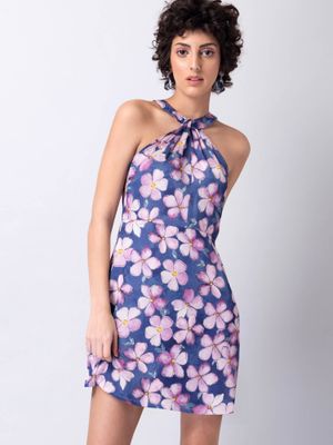 FabAlley Dresses : Buy FabAlley Slate Blue Floral Halter Mini Dress (S ...