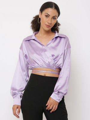 Buy Missguided Lilac Satin Wrap Front Cropped Shirt Online