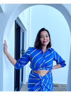 Buy Label Tanvee Blue Stripe Knot Top (S) Online