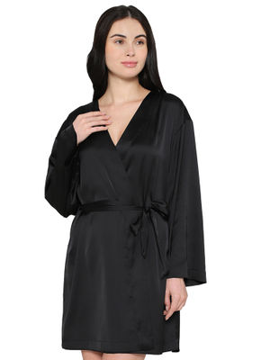 Buy Wacoal Womens Long Sleeve Shiny Finish Bridal Wear Satin Robe-Black ...