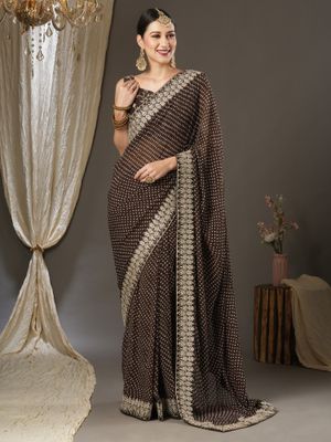 Buy Akhilam Womens Georgette Brown Zari Embroidered Designer Saree with Unstitched Blouse Online