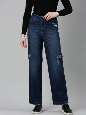 Buy SHOWOFF Womens High Rise Non Stretchable Regular Navy Blue Straight ...