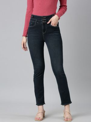 Buy SHOWOFF Womens High Rise Stretchable Navy Blue Straight Fit Jeans ...