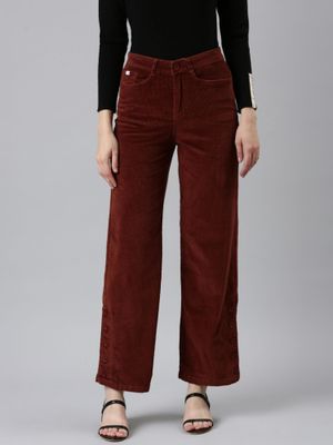 Buy SHOWOFF Womens High Rise Solid Rust Straight Fit Pants Online