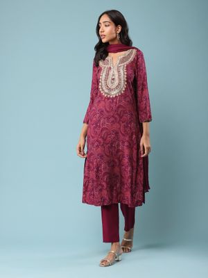 Buy Aarke Ritu Kumar Plum Embroidered Kurta with Pant and Dupatta (Set ...