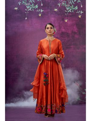 Buy Label Niti Bothra Orange Floral Embroidered Anarkali Kurta With ...