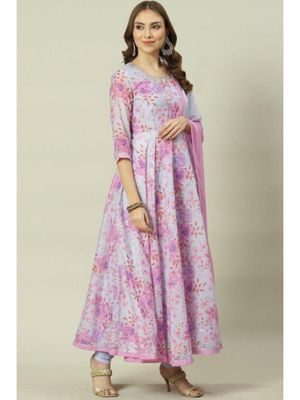 Buy Biba Women Blue Embroidered Anarkali Kurta with Churidar and ...
