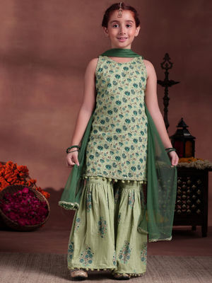 Buy Libas Kids Green Printed Kurta with Sharara and Dupatta (Set of 3 ...