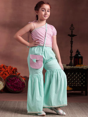 Buy Libas Kids Pink Printed Top Sharara with Handbag (Set of 3) Online