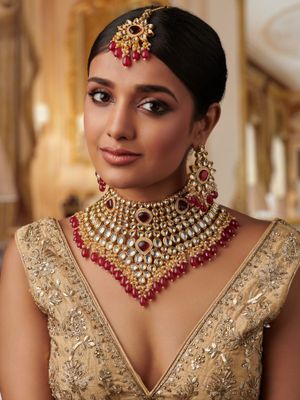 Buy Curio Cottage 22 Kt Gold Plated Ruby Studded Polki Bridal Necklace ...