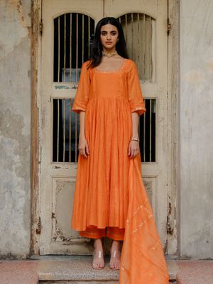 Buy Zebein Vedica Chanderi Silk Anarkali Kurta & Pant Orange (Set of 2 ...
