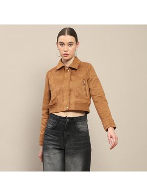 Buy Madame Womens Suede Flap Collar Neck Brown Crop Jacket (S) Online