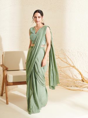 Buy FLAMINGO THE LABEL Daisy Sage Green Pleated Pre-Drape Saree with Stitched Blouse Online